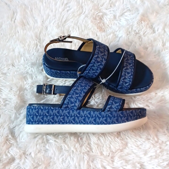Michael Kors | Shoes | Michael Kors Womens Blue Signature Print Wedge ...